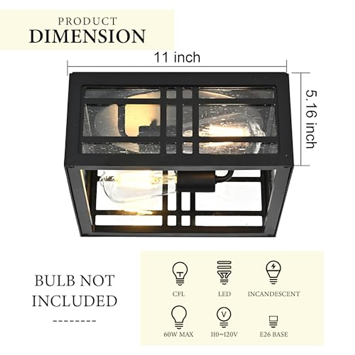 Betklamp Square Ceiling Light Fixtures Flush Mount Lighting Fixtures, 2-Light Porch Ceiling Lights Outdoor Ceiling Light Fixture for Porch Hallway Kitchen Entryway