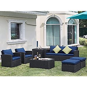 Green4ever 9 Piece Patio Furniture Set, All-Weather Outdoor Sectional Sofa Wicker Rattan Couch Patio Conversation Set with Storage Box, Coffee Table, Ottoman, and Blue Cushion