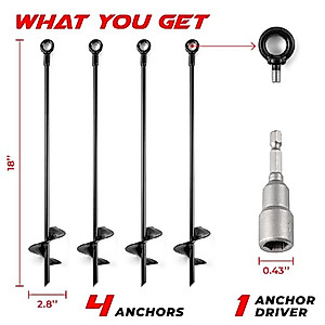 18'' Ground Anchors Heavy Duty for High Winds - Ground Stakes Earth Anchors - Screw in Shed Anchor Kit Auger Anchor for Mobile Home, Swing Set, Tent, Carport, Gazebo, Trap Anchors Hurricane Tie Down
