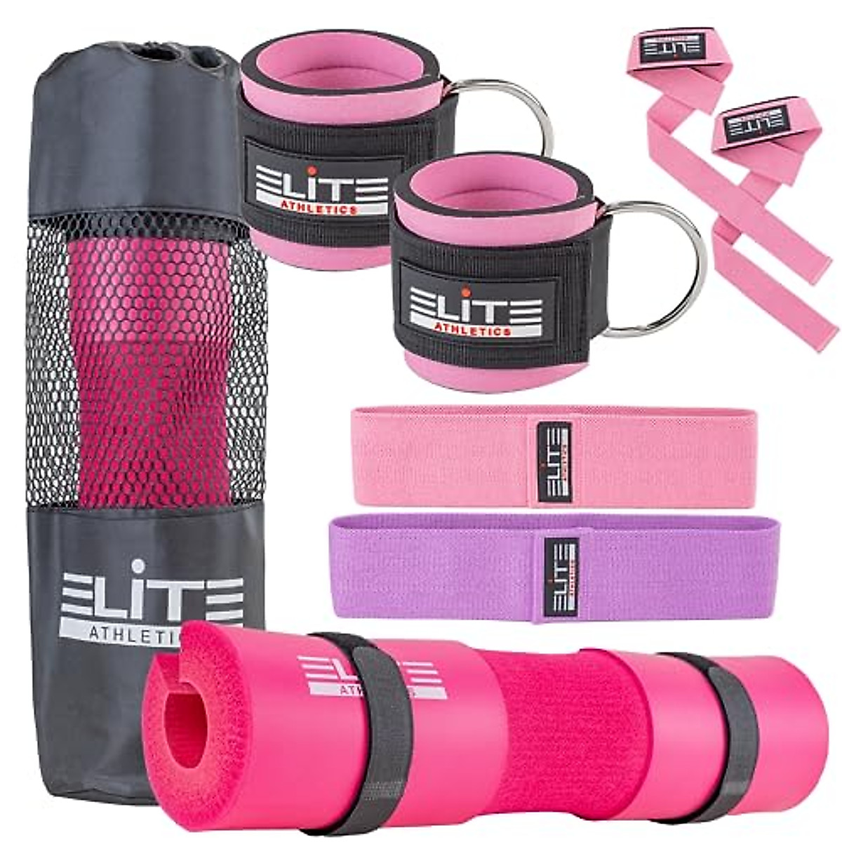 Elite Athletics Barbell Squat Pad with Secure Straps & Carry Bag for Hip Thrusts, Pair of Gym Ankle Straps for Cable Machines, 2 Hip Resistance Bands, 2 Wrist Lifting Straps (Pink)