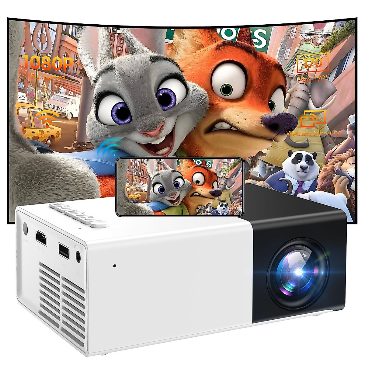 Mini Projector, iTJQ Portable Projector 1080p Supported, Phone Projector Compatible with iOS/ Android Smartphone/ Laptop/ PS4, Movie Projector with HDMI/ USB Interfaces for Home Theater