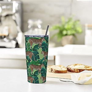 20oz Tumbler Leopard Palm Tree Leaves Double Wall Vacuum Insulated Coffee Mug with Lid and Metal Straw Brush Reusable Stainless Steel Water Bottle Travel Cup Gifts for Car Ice Drinks Hot Beverage