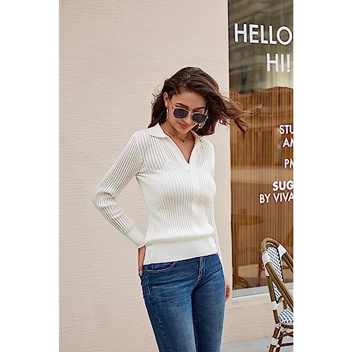 GRACE KARIN Women's Casual Foldover Collared Pullover Sweaters V Neck Long Sleeve Sweater Tops White L