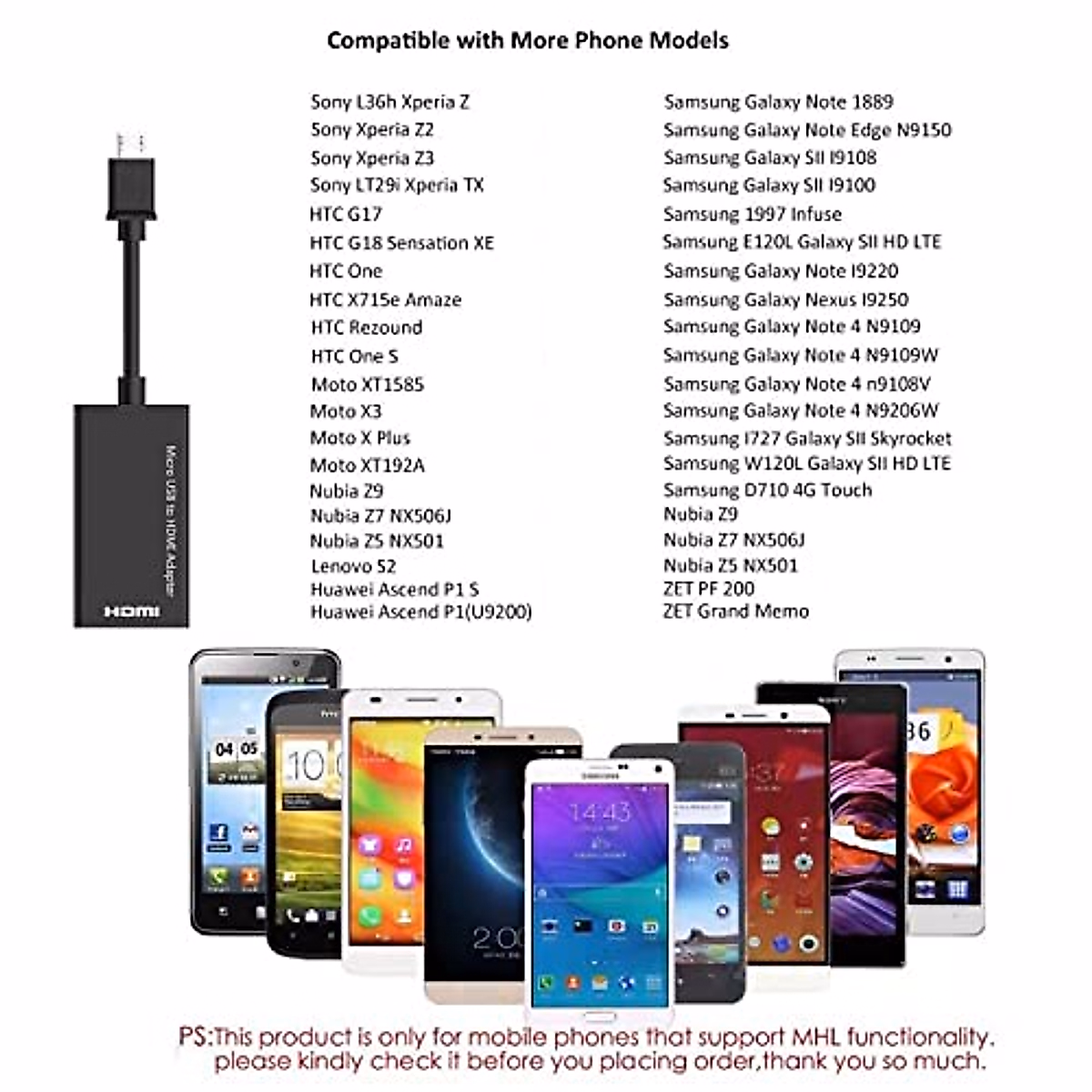 MHL Micro USB to HDMI Cable Adapter, MHL 5pin Phone to HDMI 1080P 4K Video Graphic for Samsung Galaxy/LG/Huawei ect. Android Smart Phones That with MHL Function