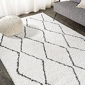 JONATHAN Y MOH405A-5 Catala Moroccan Diamond Shag Indoor Area-Rug Bohemian Geometric Modern Glam Easy-Cleaning Bedroom Kitchen Living Room Non Shedding, 5 X 8, White/Black
