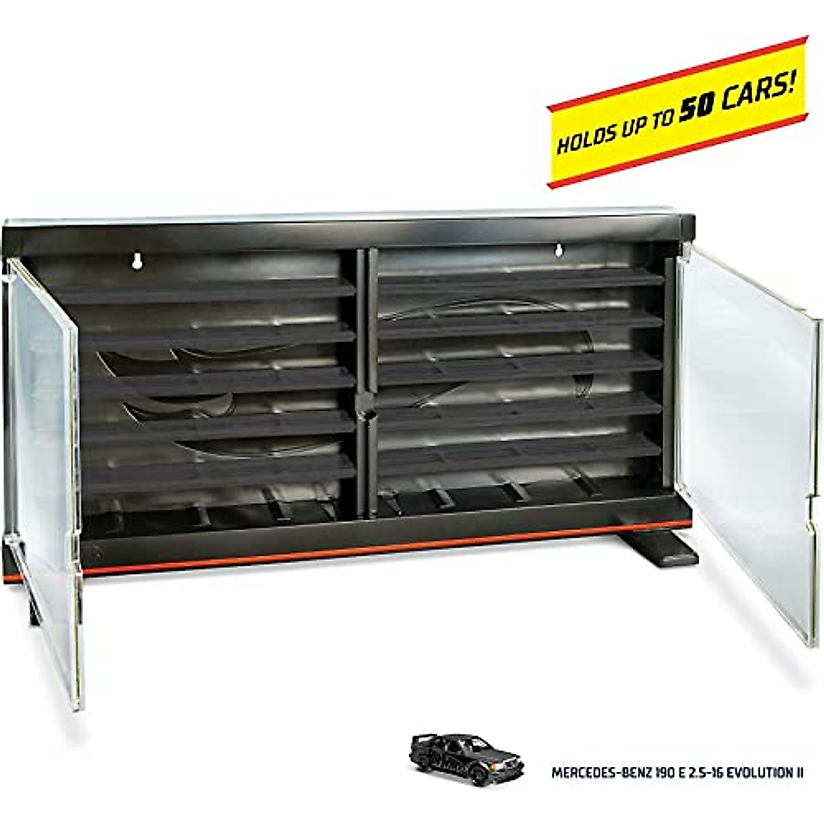 Hot Wheels Toy Car Display Case with Exclusive Mercedes-Benz 190E in 1:64 Scale for High-End Collectors, Premium Fit & Finish, Stores Up to 50 Cars