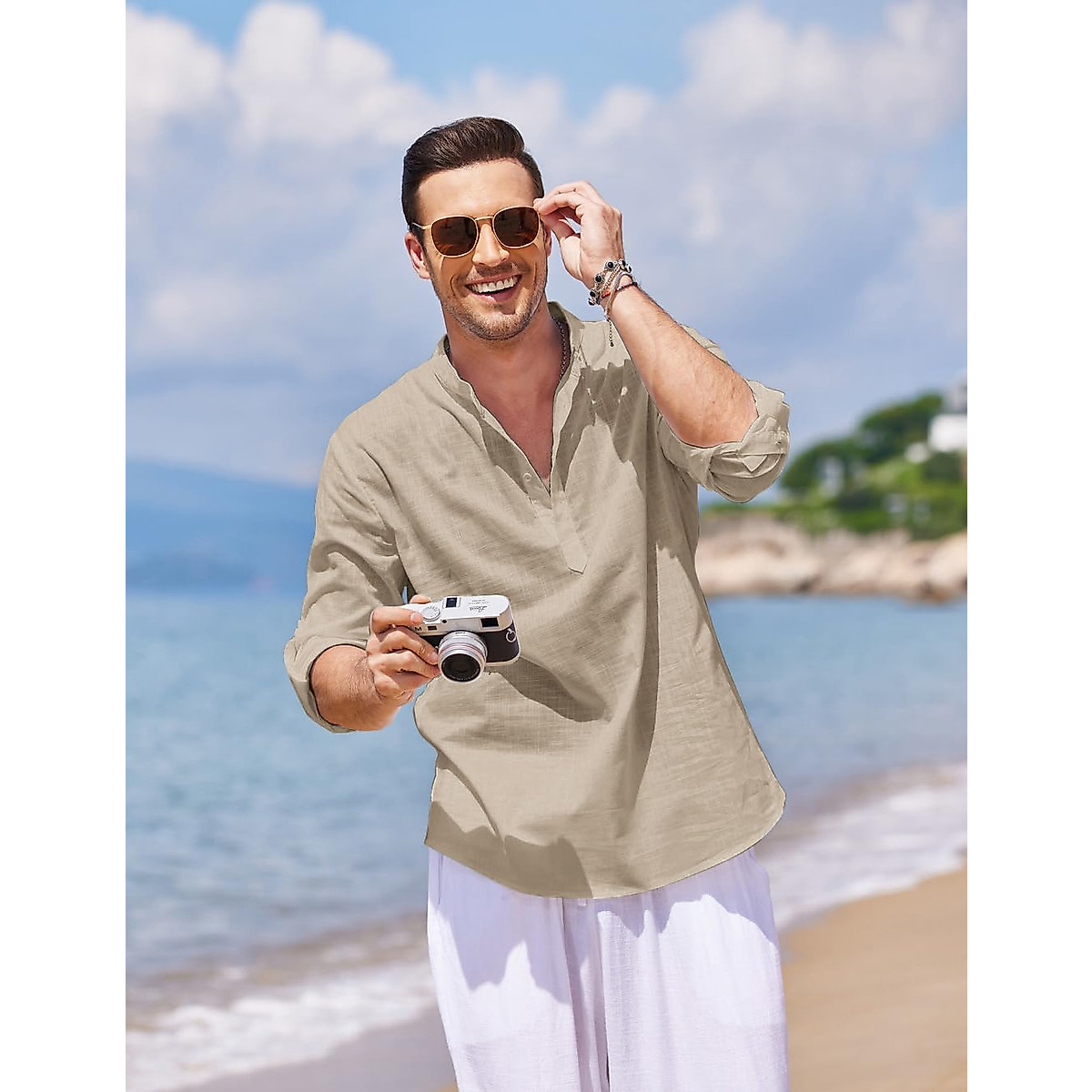 COOFANDY Men's Cotton Linen Henley T-Shirts Long Sleeve Hippie Casual Beach T-Shirts