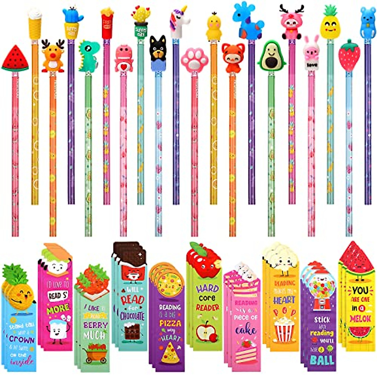 80 Pcs Scented Bookmarks and Scented Pencils with Cute Pencil Toppers Set Fun Pencils Fruit Food Theme Scratch and Sniff Bookmarks Cartoon Pencil Toppers for Kids Students Supplies (Lovely Style)