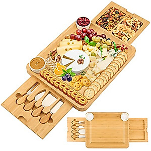 Secura Cheese Board Set, Bamboo Charcuterie Board Meat Platter Serving Tray and Knife Set with 2 Ceramic Bowls, Gift for Mother's Day Easter Thanksgiving Christmas Housewarming Wedding Anniversary