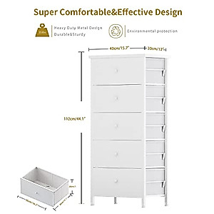 BOLUO Tall White Dresser for Bedroom - 5 Drawer Dressers & Chests of Drawers Fabric Dresser Storage Tower for Closet Kids and Adult Modern