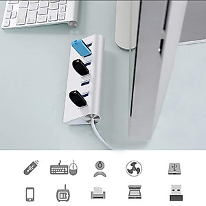 USB Hub, 7-Port Charging Interface Expansion, USB 3.0 High-Speed Data Transmission, for Desktop/Laptop Computers… (Silver)