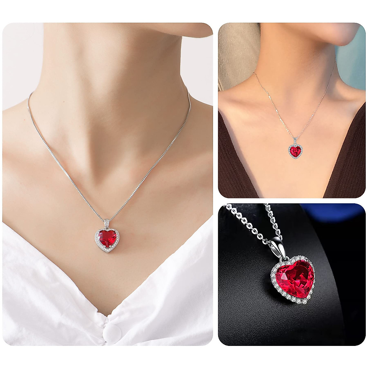 VONSSY Red Heart Pendant Necklace | Oval Bow Waterdrop Created-Ruby Pendant Necklace | Statement Vintage Stylish Jewelry Gift (Heart A-Platinum)