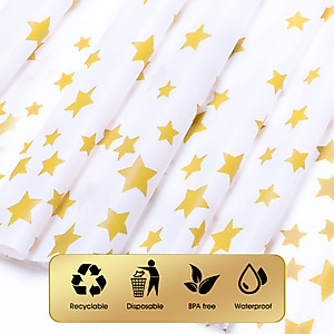 LCPCX 3-Piece Disposable Plastic Rectangle Tablecloth,Fitted Table Clothes for 6 Foot and 8 Foot Tables,Gold Star Pattern Party Decorations,54x108 Inch,White (Golden Star)