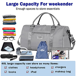 SUPROMOMI Large Travel Duffel, Sports Tote, Gym Yoga Bag - Airplane Carry-on with Extra Shoe & Small Clear Makeup Bag - Overnight Crossbody for Men & Women - Grey