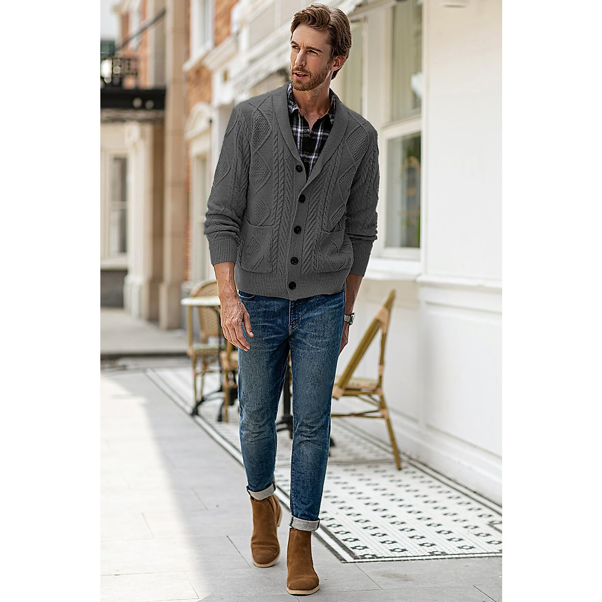 JMIERR Mens Cardigan Sweater Fall Casual Long Sleeve Shawl Collar Button-Up Cable Knit Sweaters with Pockets for Men,US 40(M),Dark Grey