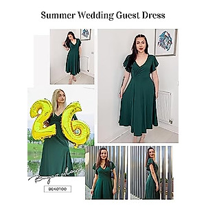 Dokotoo Women's Fall Short Sleeve Casual Dresses V-Neck Floral Party Dress Green L