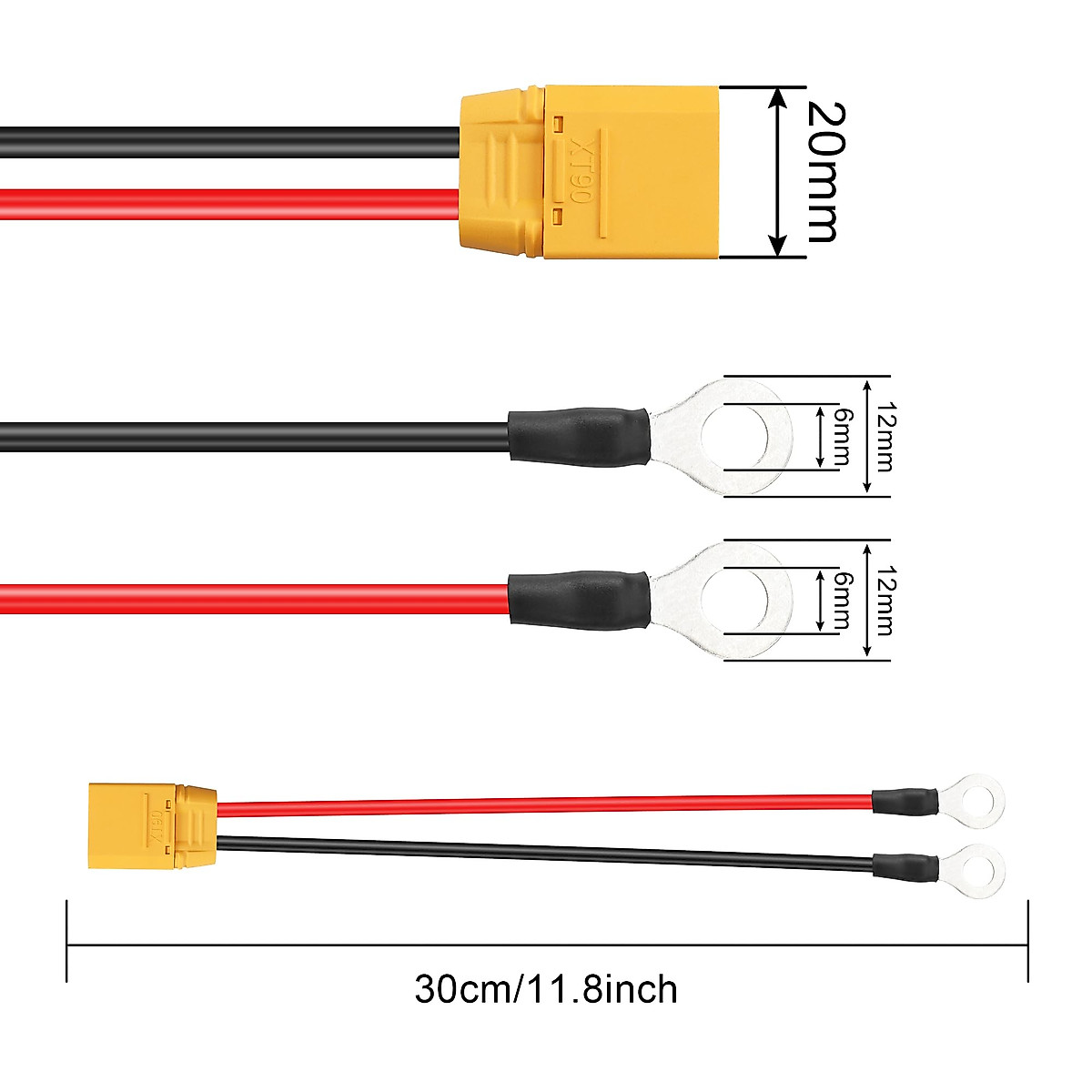 PNGKNYOCN XT90 to O Ring Terminal Cable,14AWG Silicon Wire XT90 Male to O Ring Terminals Extension Power Cable for Solar Panel Kit and Battery Charge(0.3M/1FT)
