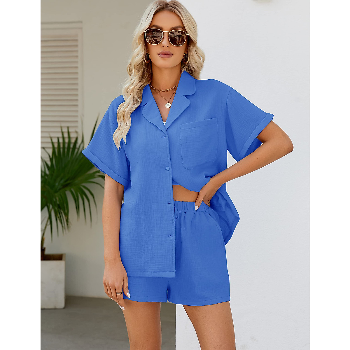 Flygo Women's Two Piece Shirts Sets Short Sleeve Summer Casual Linen Shirt Elastic Waist Short Sets Outfits(RoyalBlue-XL)