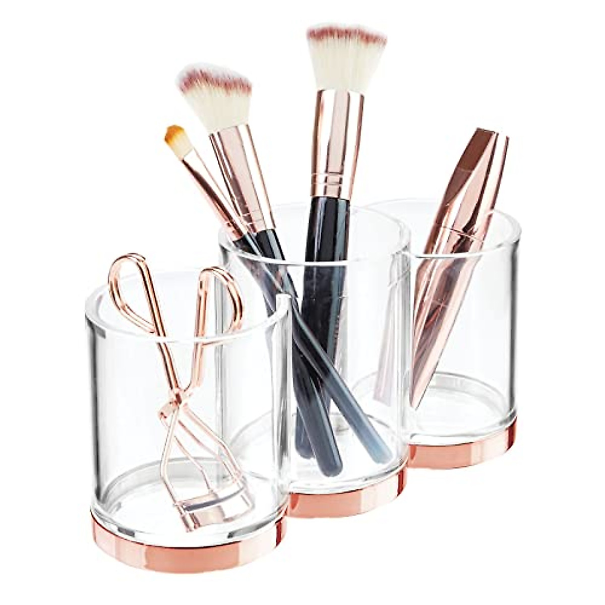 mDesign 3- Section Makeup Brush Organizer for Bathroom Vanity - Plastic Brush Holder for Makeup - Storage Cup for Eyeliner, Lipstick, Concealer - Cosmetic Holder, Lumiere Collection, Clear/Rose Gold