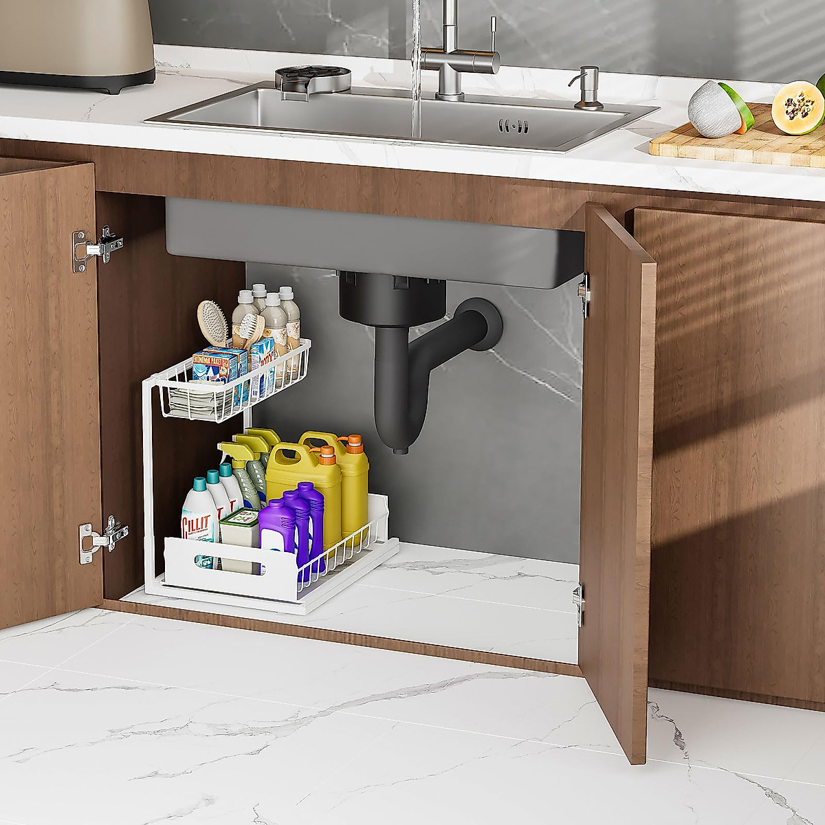 Ceetug Under Sink Organizers and Storage 2 Tier Slide Out Kitchen Cabinet Organizer Sturdy Metal Bathroom Storage (White, 1 Pack)