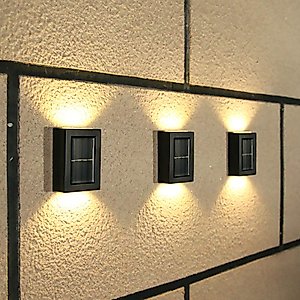 CALIDAKA 2 Pack LED Solar Wall Light, Up and Down Outdoor Security Wall Lamps, IP65 Waterproof Solar Outdoor Lights, Solar Fence Lights LED Solar Wall Lights for Home Garden Porch(Warm Light)