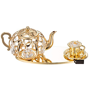Matashi 24K Gold Plated Crystal Studded Tea Set Ornaments Tabletop Showpiece Home Decor Gift for Mother's Day, Christmas, Thanksgiving, Birthday, Anniversary