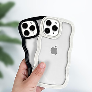 Anuck for iPhone 11 Pro Max Case Wavy Edge Clear Back Design, Anti-Slip Grip Cute Wave Curly Frame Shape Shockproof Soft TPU & Hard Bumper Protective Phone Case Cover for Women Girls, White