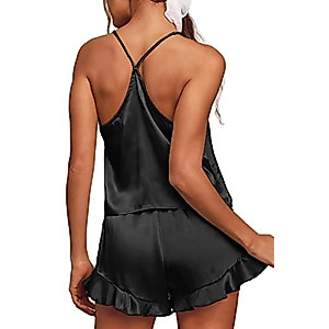 CHYRII Women's Sexy Ruffled Silk Satin PJS Racerback Cami Tops Shorts 2 PCS Pajamas Sets Nightwear Black M