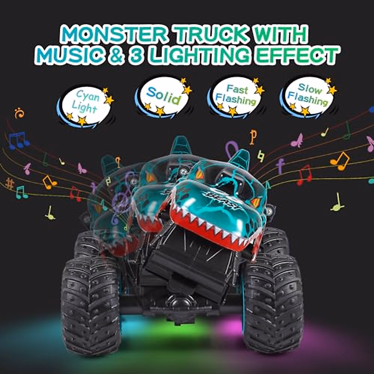 DYODYORC Remote Control Car, 2.4Ghz All Terrain Dinosaur Monster Truck Toys, RC Truck with Music, 3 Lighting Effects, 360 Stunt Capable, All Included Ready to Run, Toy Gifts for Boys and Girls (Cyan)