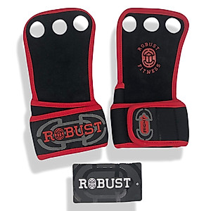 ROBUST FITNESS Genuine Leather Hand Grips for Gymnastics & Cross-Training, Pull-ups, Weightlifting, WODs with Neoprene Wrist warps. Palm Shield from Rips & Blisters. (Red, Medium)
