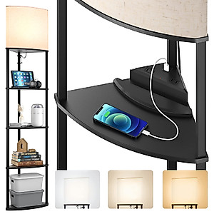 addlon 4-Tier Corner Shelf Floor Lamp, Sector Floor Lamp with Type C, USB Port and 3CCT LED Bulb, Modern Display Floor Lamp for Bedroom, Living Room, Office - Black
