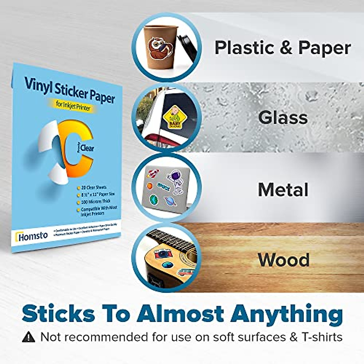 Homsto Vinyl Sticker Paper, Frosty Clear Printable Vinyl Sticker Paper for Inkjet Printer, Quick-Drying, Water and Scratch-Resistant, Self-Adhesive for Most Surfaces, 8.5 x 11 Inches, 20 Sheets