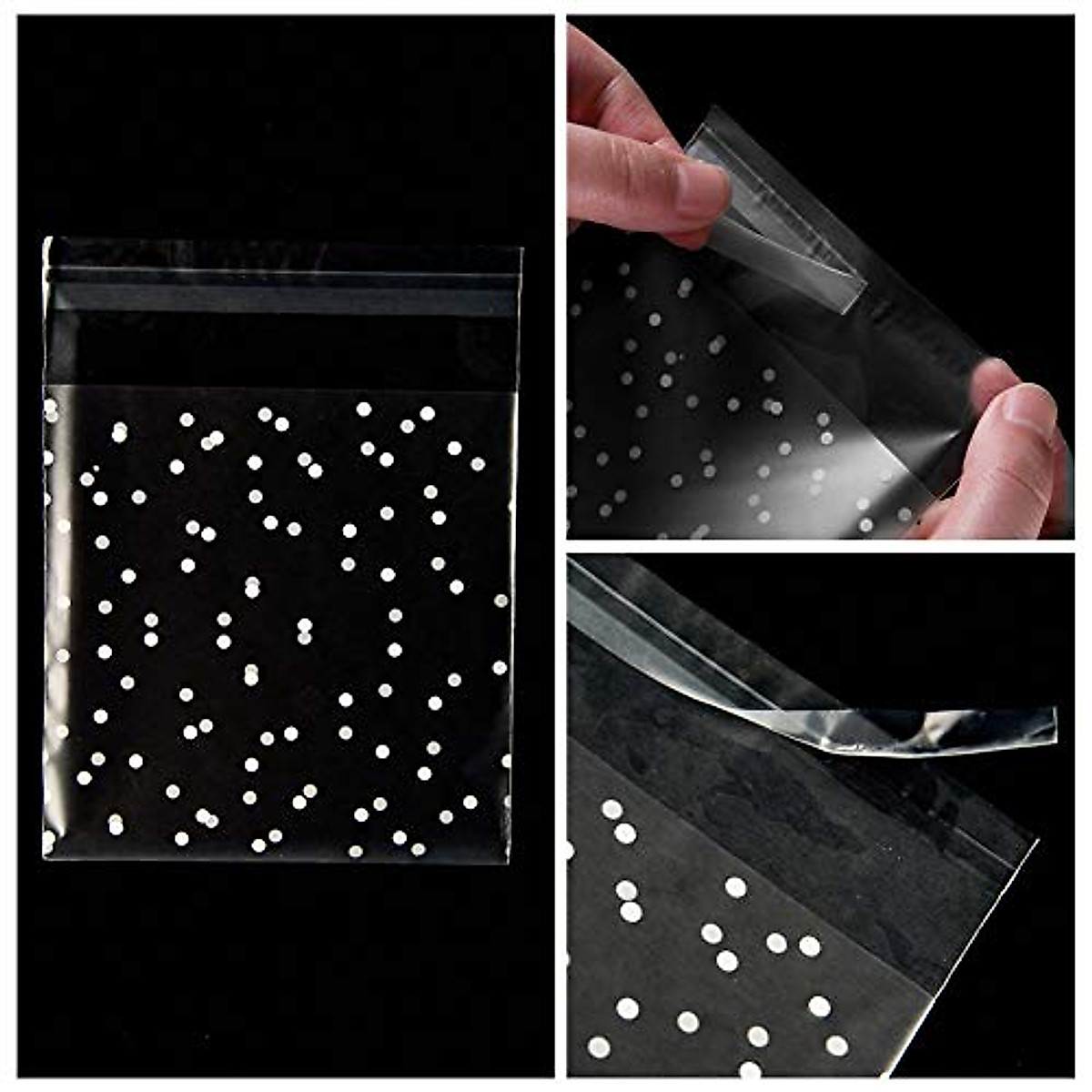 YunKo 200PACK Self Adhesive Cookie Bags Cellophane Treat Bags with Labels for Candy Cookie Chocolate Small Valentine Gift Bags (White Polka Dot,5.5x5.5inch)