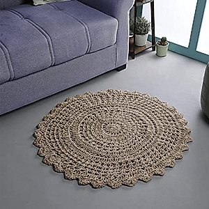 Hausattire Jute Crochet Hand Woven Rug - 3' Round Natural, Handmade Anti-Slip Accent Rugs for Living Room, Kitchen, Bedroom - 3 Feet Round