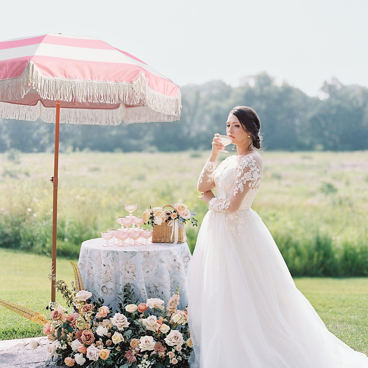 AMMSUN 7ft Patio Umbrella with Fringe Outdoor Tassel Umbrella UPF50+ Premium Steel Pole and Ribs Push Button Tilt, Riviera Pink Stripe