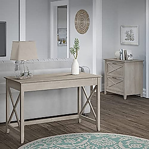 Bush Furniture Key West Writing Desk with 2 Drawer Lateral File Cabinet, 48W, Linen White Oak