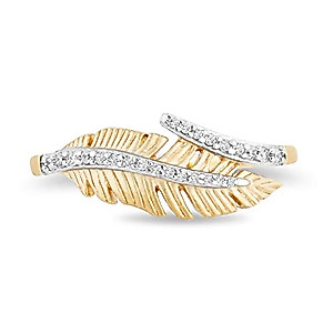 Jewelili Enchanted Disney Fine Jewelry 10K Yellow gold 1/10 Cttw Diamond Pocahontas Feather Ring Size 6