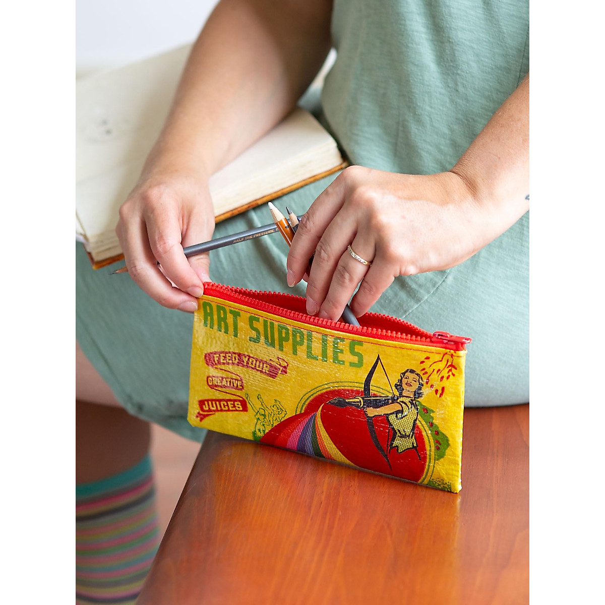 Blue Q Pencil Case, Art Supplies. Hefty Zipper, Sturdy and Easy-to-Rinse-Clean, 95% Recycled Material. Organize a Larger Bag -- Store Makeup, Chargers, Receipts, Pencils. 4.25"h x 8.5"w