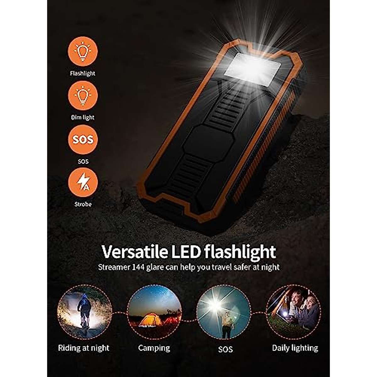 Power-Bank-Solar-Charger - 30000mAh Solar Power Bank, PD 20W Fast Charger,Drop-Proof Waterproof Dustproof Built-in LED Flashlight for iPhone, Tablet, Samsung and More USB Device(Orange)