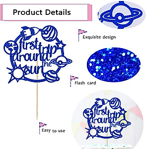 CHANGCAO First Trip Around The Sun Cake Topper Happy Birthday Toppers for Outer Space Theme Party Decorations Baby 1st Birthday, One Year Old Supplies Rocket Galaxy Planet Kids blue flash
