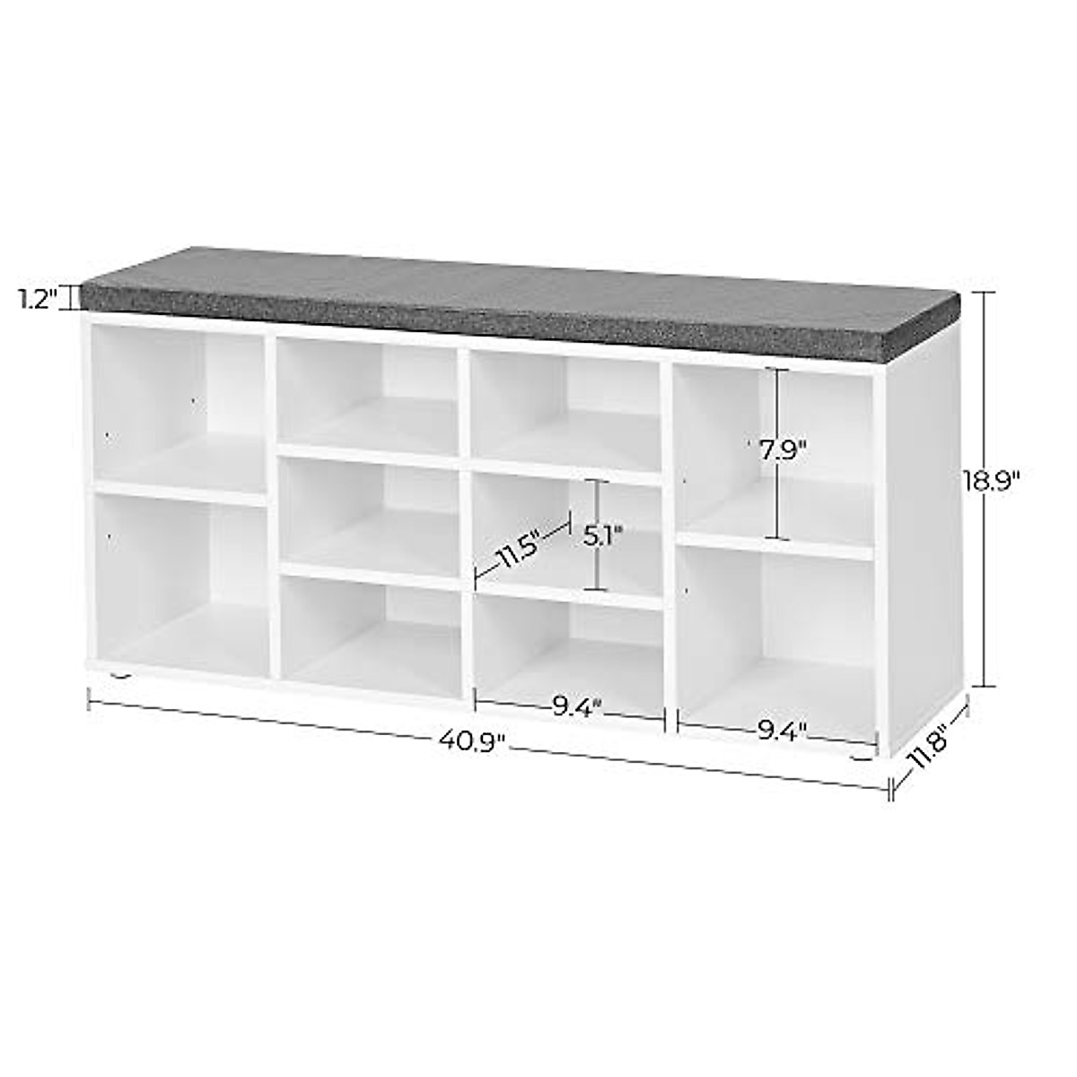 VASAGLE Shoe Bench, Storage Bench, Shoe Rack Bench, Shoe Shelf, Storage Cabinet, 10 Compartments, with Cushion, for Entryway, 11.8 x 40.9 x 18.9 Inches, White and Gray ULHS10WT