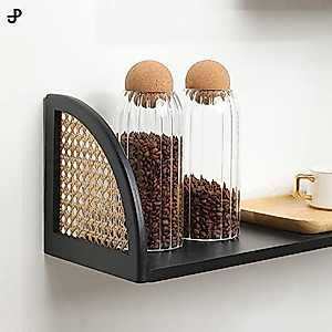 [PJ Collection] Decorative Wooden Wall Shelf with Rattan, Set of 2, Floating Shelves, Wall Mount, Wall Shelf, Rustic Wood Wall Storage Shelves, Sturdy Floating Shelves (Black)