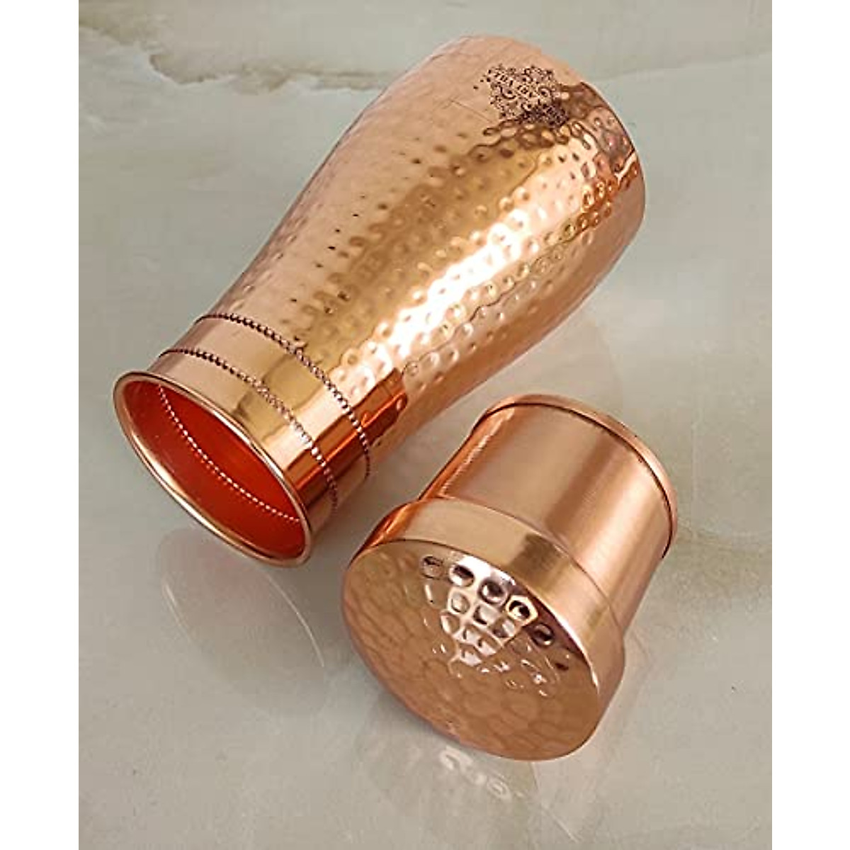 Indian Art Villa Pure Copper Bedroom Water Bottle With Inbuilt Glass & Hammered Shine Design, Drinkware, Storage Purpose, Volume-37 Oz