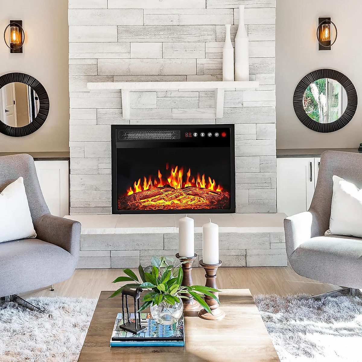 BOSSIN 18 Inch Electric Fireplace Insert with LED Realistic Flame,Small Recessed Fireplace Heater with Touch Screen&Remote Control,Portable Compact Fireplace with Adjustable Flame, Timer 750/1500W