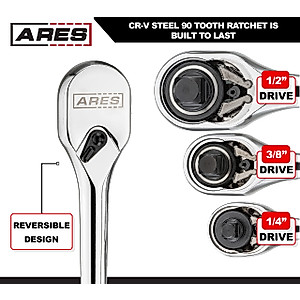 ARES 42083-90-Tooth Ratchet Set - Ergonomic Aluminum Handles & Reversible Sealed Head Design