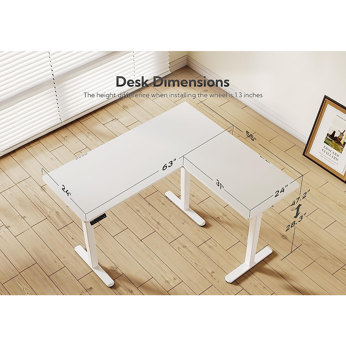 Claiks L Shaped Standing Desk Adjustable Height, Dual Motor Electric Corner Standing Desk, 63x55 inch Sit Stand up Desk with Splice Board, White