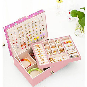 QBestry Jewelry Box for Earrings for Girls Jewelry Organizer Box Earring Holder Organizer for Girls Earring Box Jewelry Box Stud Earring Organizer for Girls Earring Jewelry Boxes for Women Pink Bling