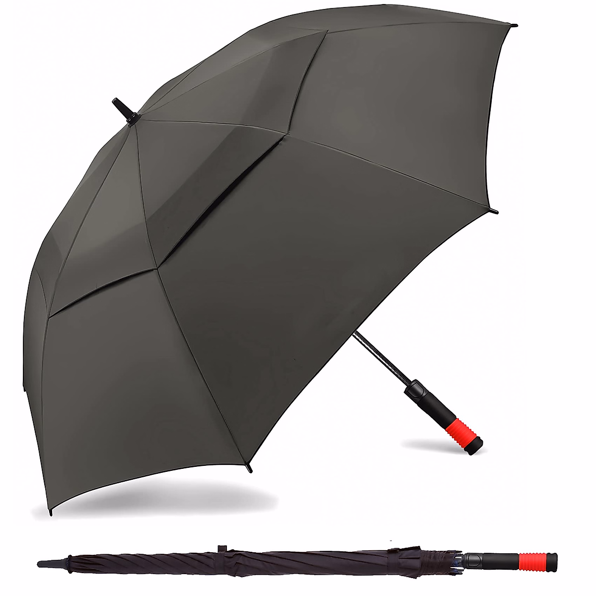 SIEPASA /62/68/72 Inch Automatic Open Golf Umbrella Oversize Extra Large Double Canopy Vented Windproof Waterproof Stick Umbrella.(Black, 62",Red Handle)