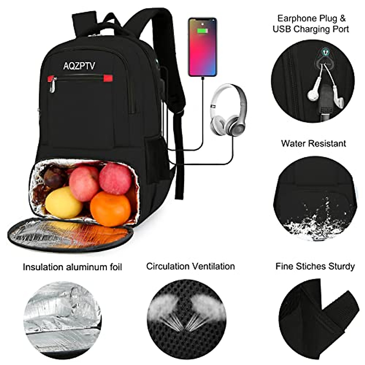 AQZPTV Insulated Cooler Lunch Backpack Leakproof Lightweight Soft Anti-theft USB Port Headphone Plug School Travel Work Bag for Men Women (Black)