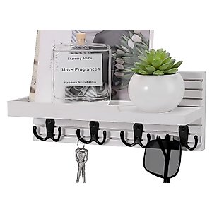 WeBravery Decorative Key Hanging Rack with 4 Double Hooks – Easy Install Natural Wooden Key and Mail Holder for Wall Mount – Entryway Decor Rack with Shelf (White)